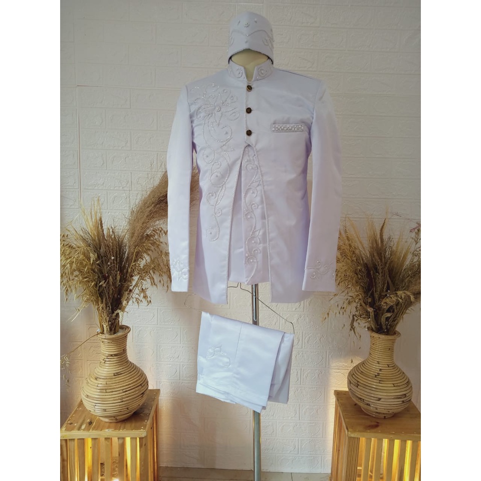 Jual BASKAP BASOFI PENGANTIN PRIA MODEL KANCING 3 PUTIH | Shopee Indonesia