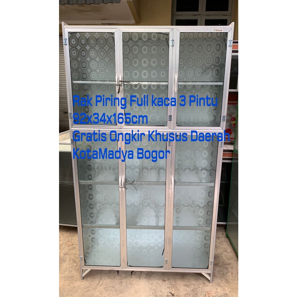 Jual Lemari Piring Rak Piring Kaca FULL Kaca 3 pintu Alluminium KHUSUS ...