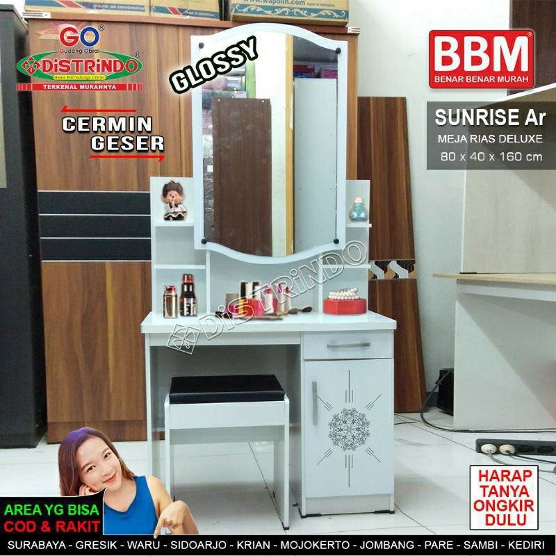 Jual Meja Rias Cermin Sliding Geser Putih Glossy dgn Bangku Papan Tebal ...