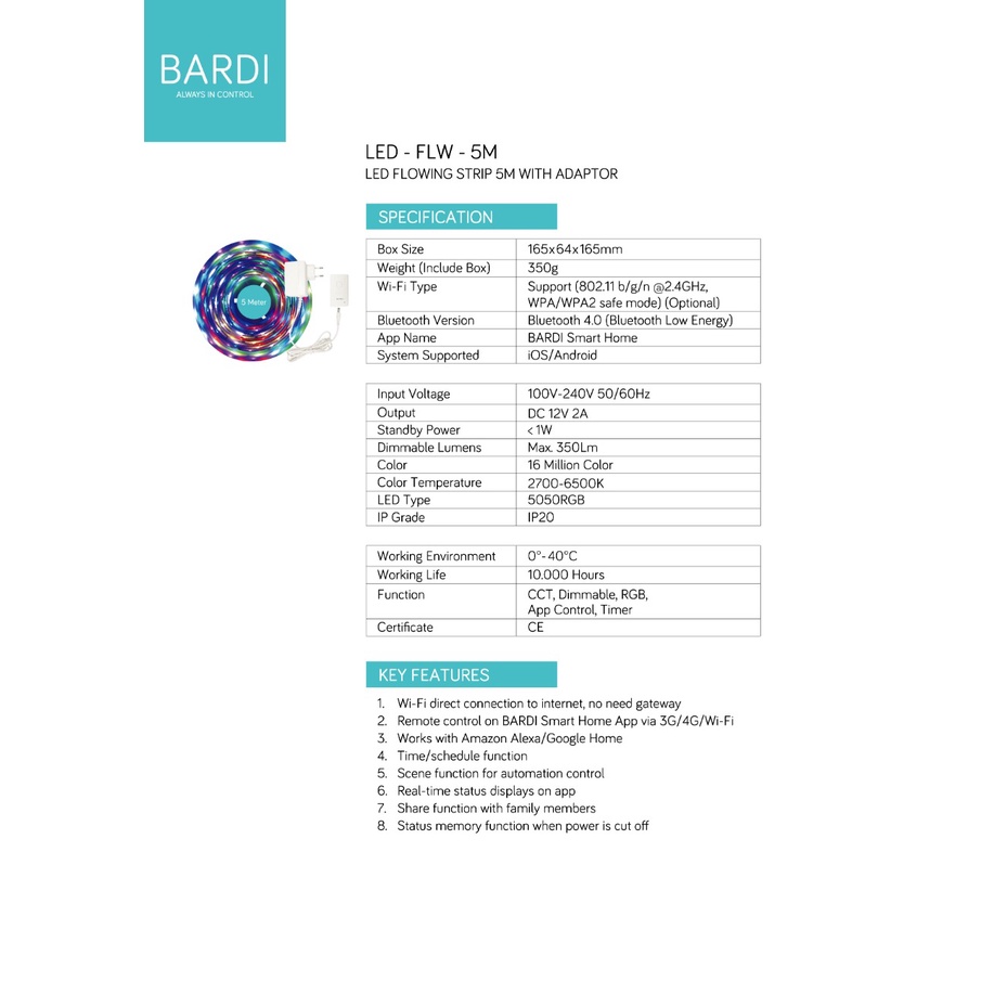 Jual BARDI Smart Lampu LED Flowing Strip RGB WW 5m 5 meter with Adaptor ...