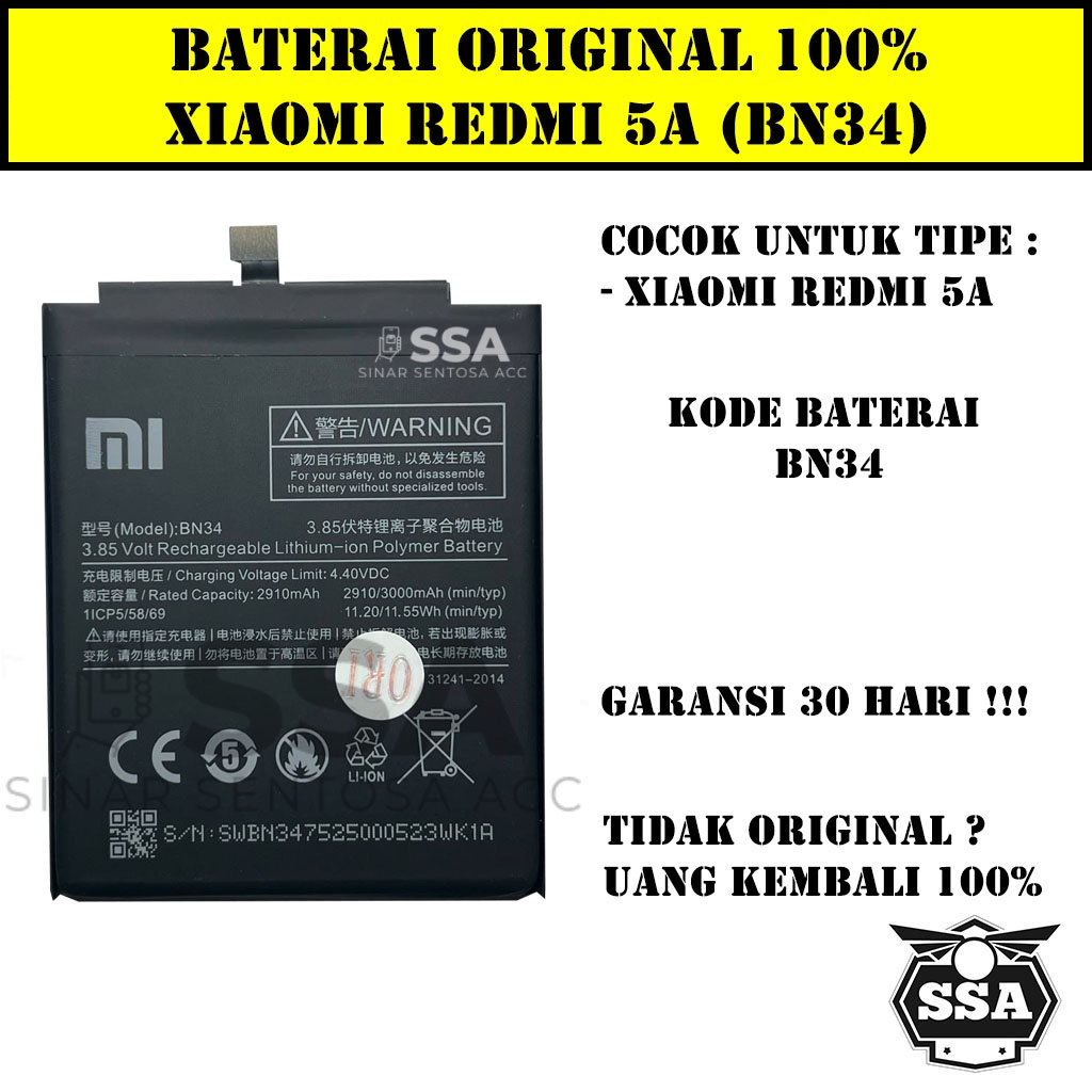 Jual Baterai Original 100% Xiaomi Redmi 5A BN34 BN 34 Batu Batre Batrai ...