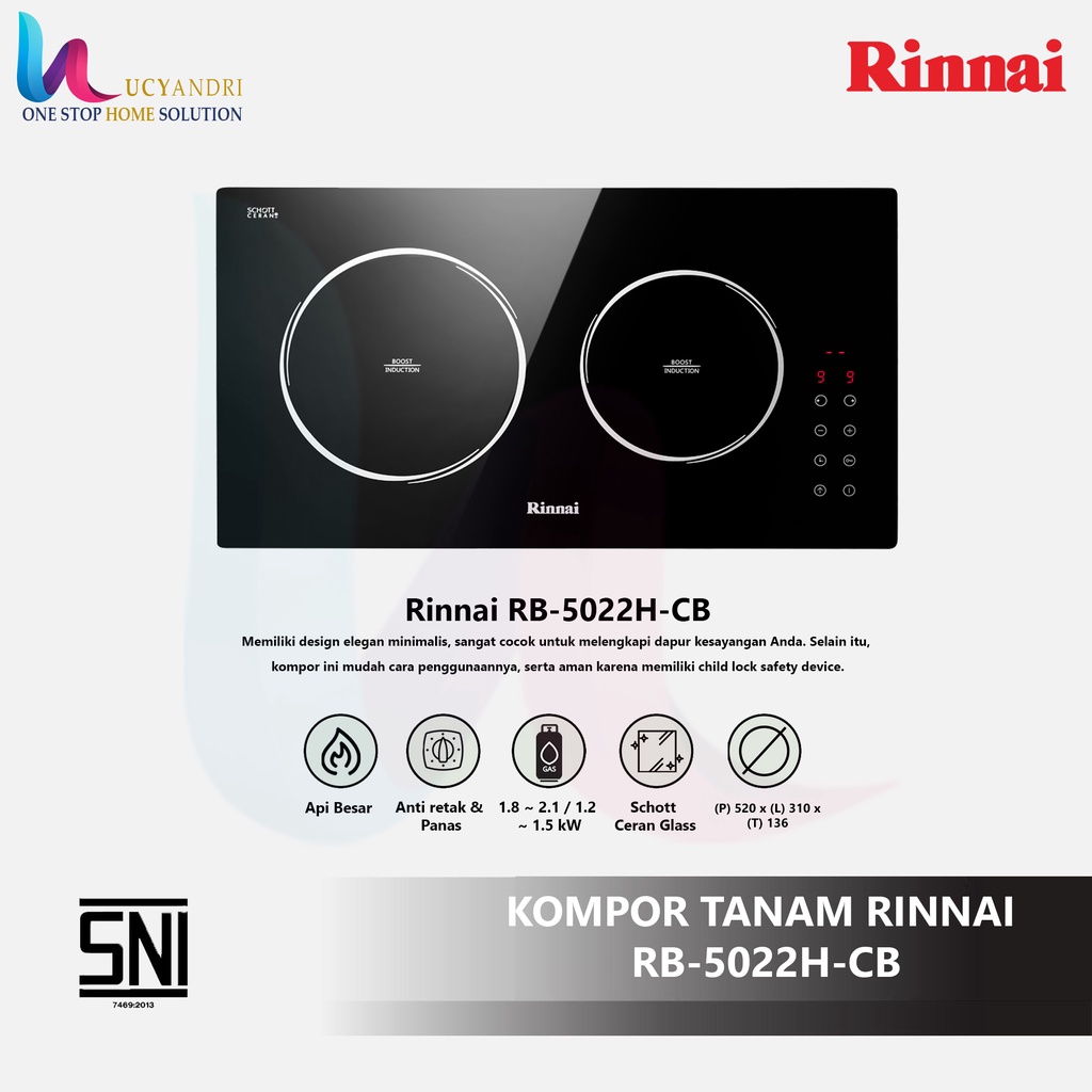 Jual kompor tanam listrik induksi 2 tungku RINNAI RB-5022H-CB / RB 5022 ...