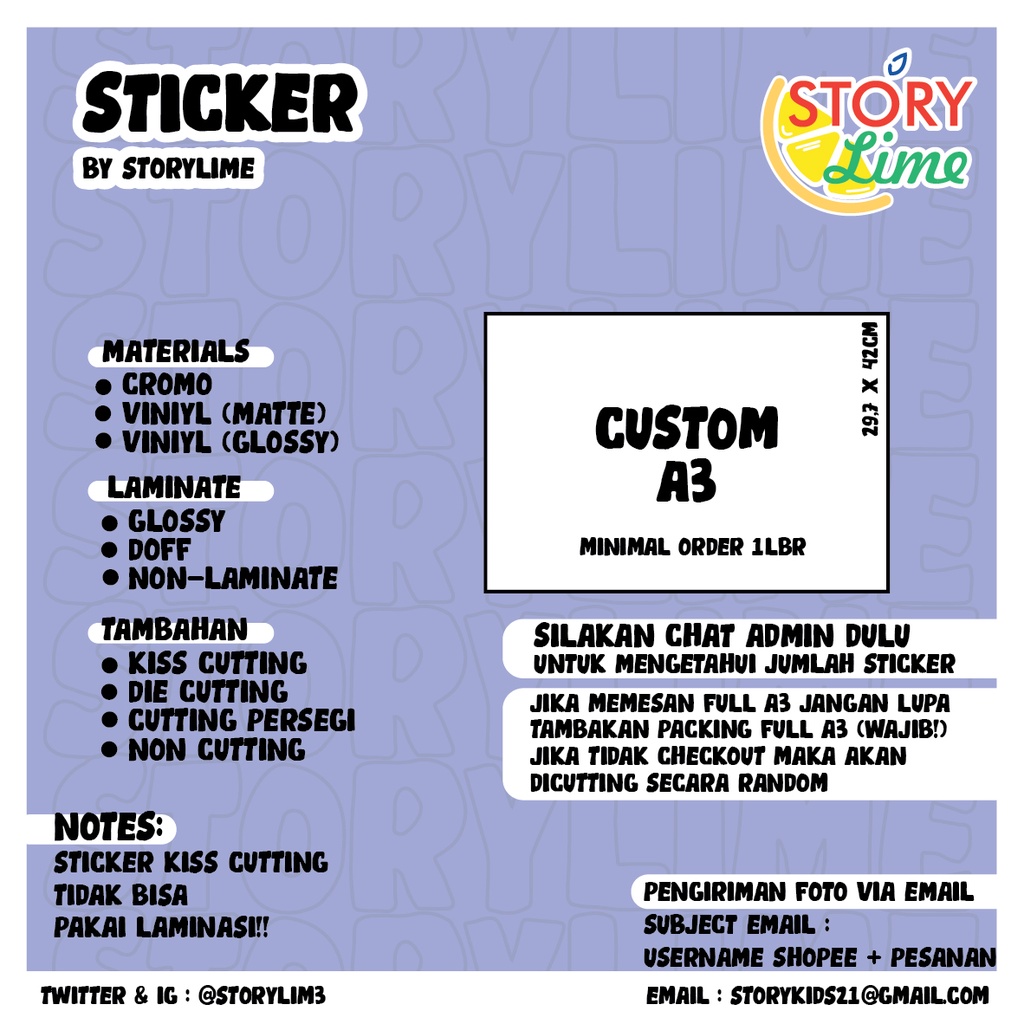 Jual (HARGA PER SET) Sticker Custom ukuran A3, A4, A5, A6 (Sticker ...