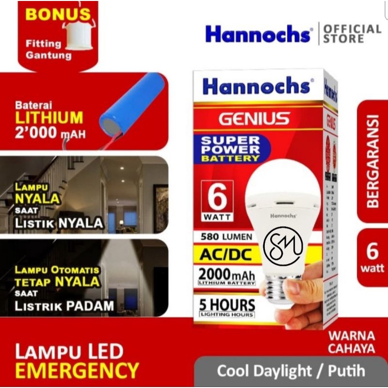 Jual Lampu Bohlam Hannochs Emergency LED AC DC Genius 6 8 10 12 15 w watt | Shopee Indonesia