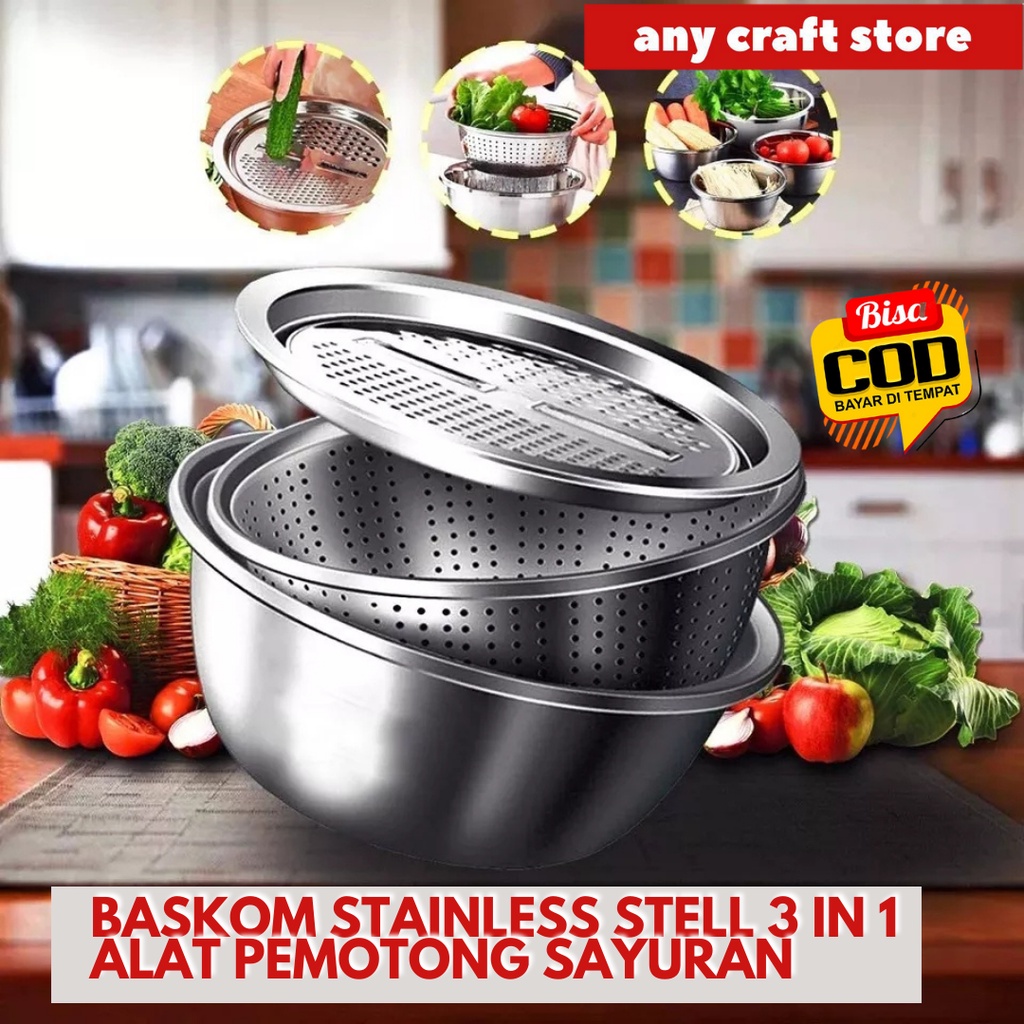 Jual Baskom Stainless Steel 3 in 1 Alat Alat Pemotong Sayuran Serbaguna ...