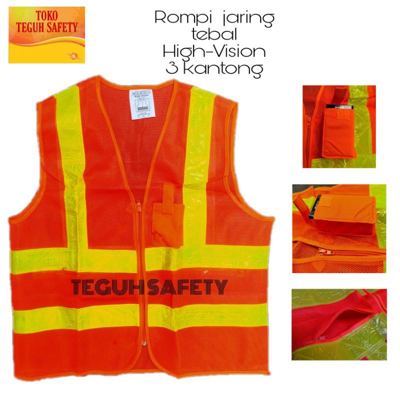 Jual rompi jaring safety tebal / rompi proyek / rompi safety kantong ...