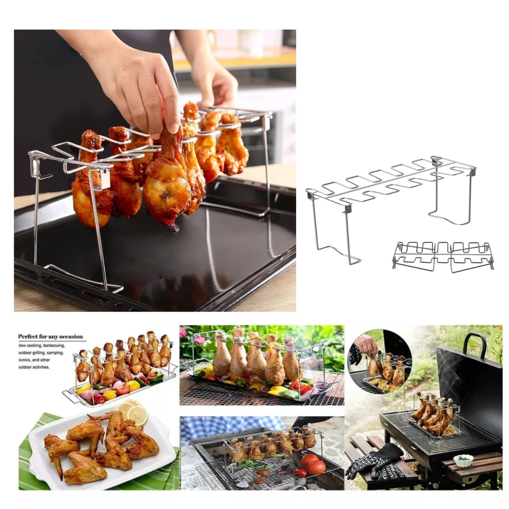 Jual Stainless Steel BBQ Shelf Grill Rack 14 Grids Drumstick Stand ...