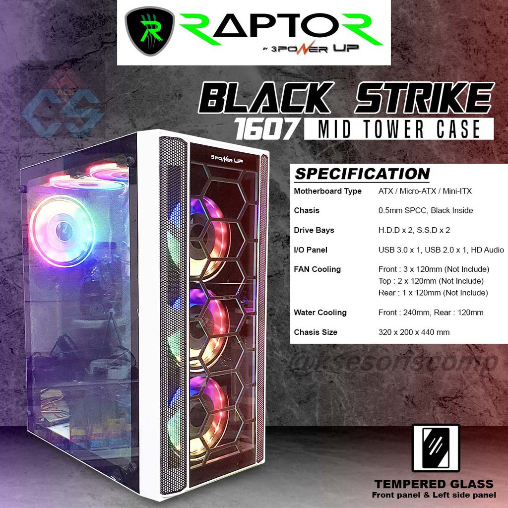 Jual Casing Gaming PowerUp Raptor 1607 White - Casing Gaming Black ...