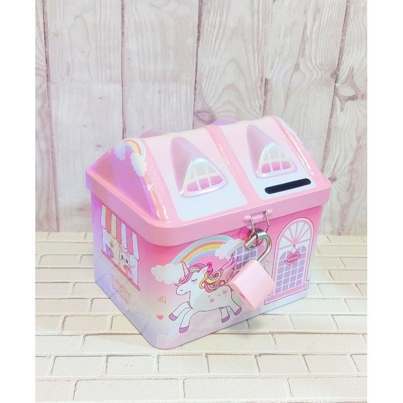 Jual Celengan Rumah Kaleng UNICORN PINK ada Kunci Gembok | Shopee Indonesia