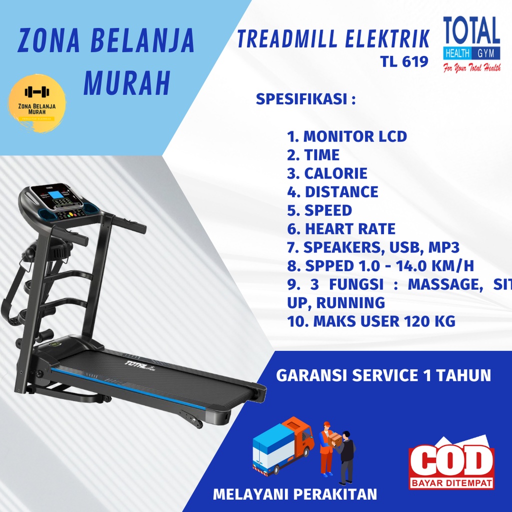 Jual TOTAL FITNESS Alat Fitnes Lari Treadmill Elektrik TL 619 Manual ...