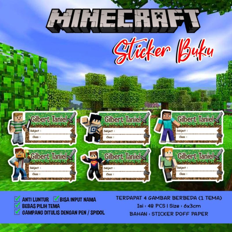 Jual Sticker / Stiker Buku Custom Nama Tema MINECRAFT MINE CRAFT ...