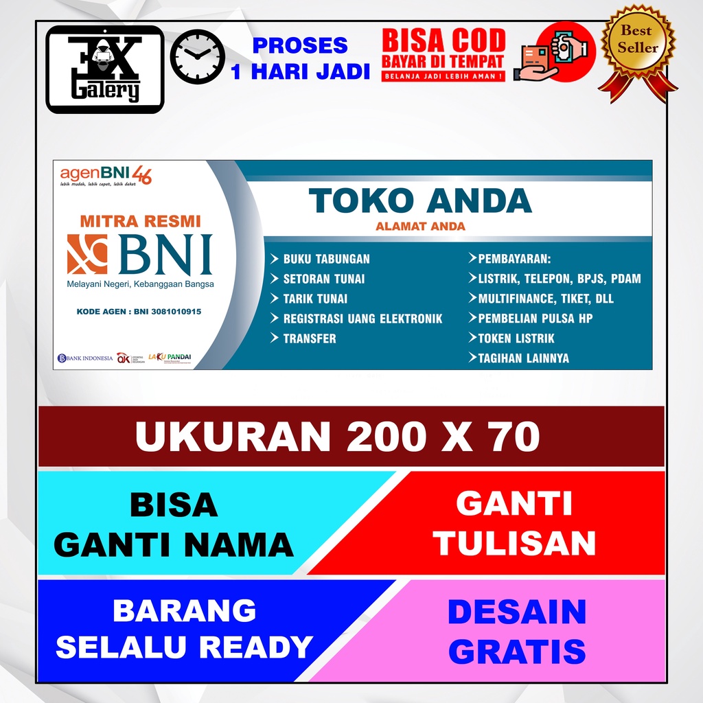 Jual SPANDUK BANNER , AGEN BNI UKURAN 200 X 70 BISA GANTI NAMA, WARNA ...