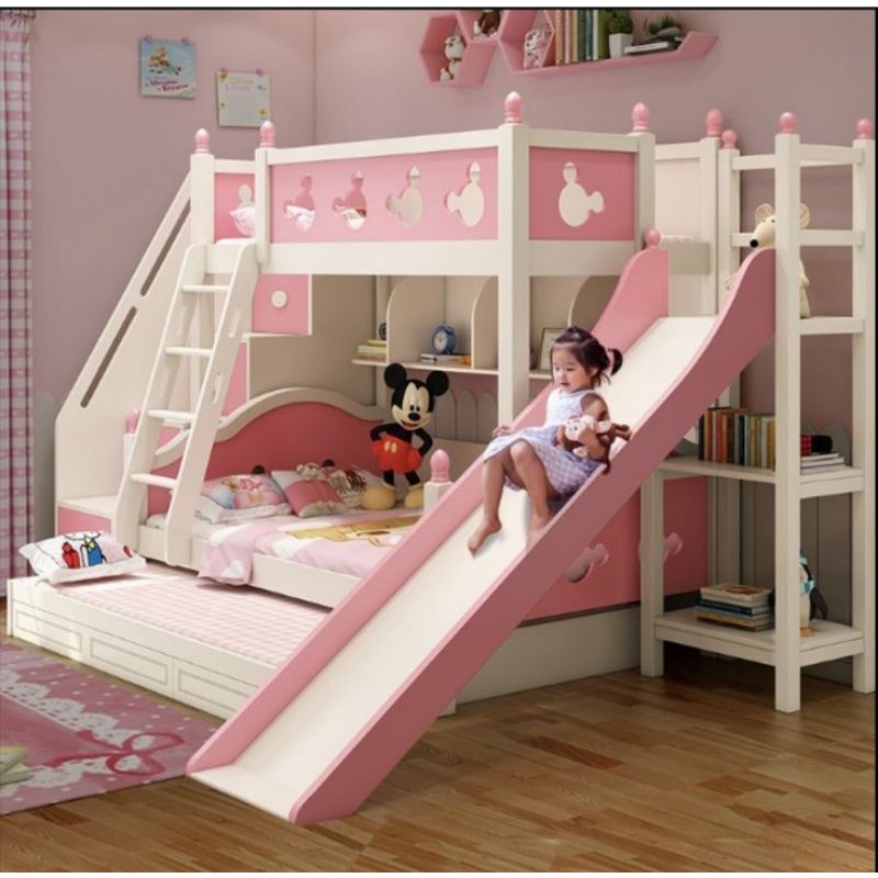 Jual Bunk Bed Anak 3 Kasur Perosotan Warna Pink, Ranjang Tingkat Anak 3 ...