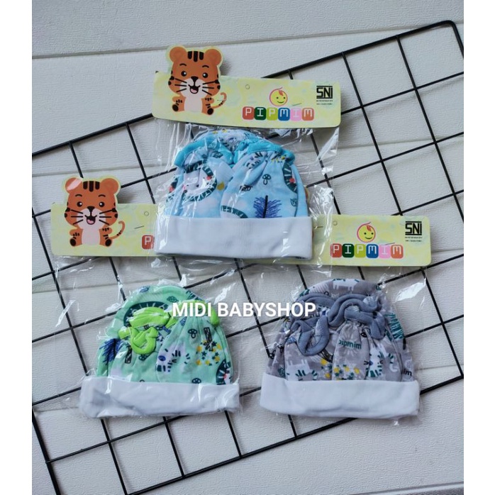 Jual 1 Set Topi dan Sarung Tangan Kaki Bayi Full Print Pip Mim SNI ...