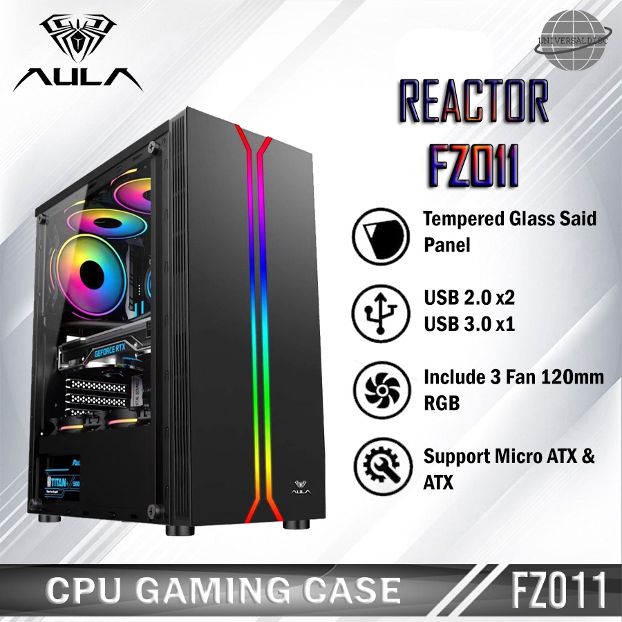 Jual Casing CPU PC Gaming AULA FZ011 Reactor Micro ATX/ATX + 3 Fan RGB | Shopee Indonesia