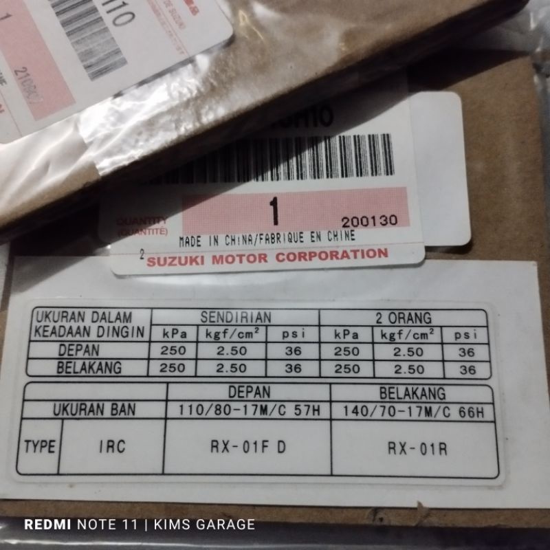 Jual Stiker Label Tekanan Angin Ban Suzuki Inazuma 250 Original SGP ...