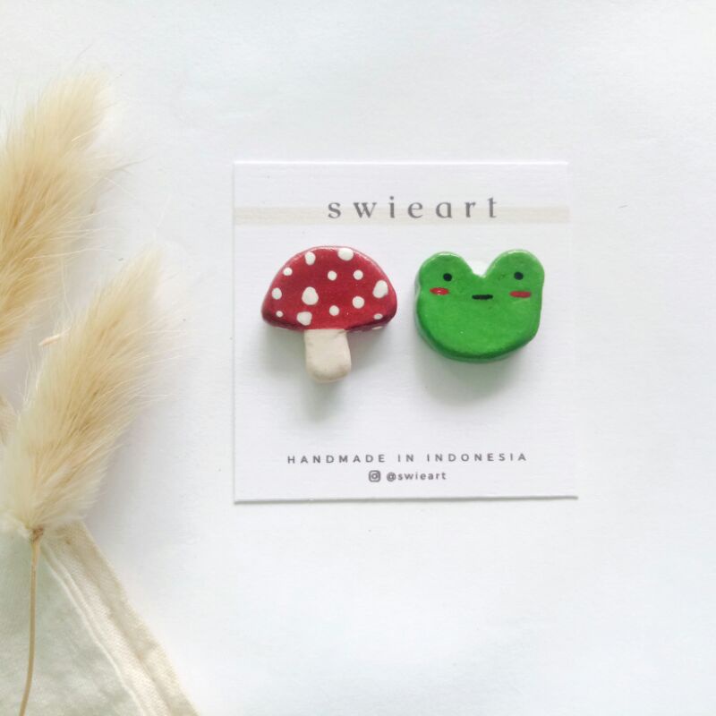 Jual Mushroom and Frog Handmade Air Dry Clay Pins with Glossy Finish ...