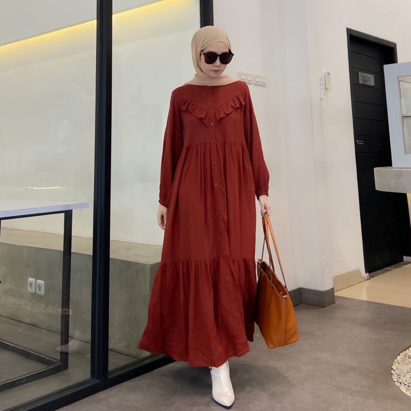 Jual yuka midi dress model kancing full | Shopee Indonesia