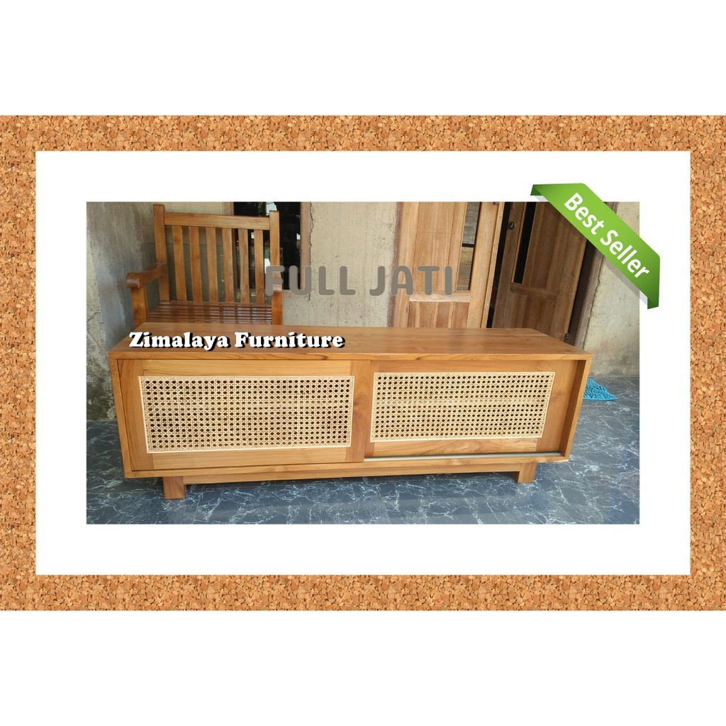Jual Meja TV Minimalis Jati Modern Pintu Sliding Rotan FULL JATI ...