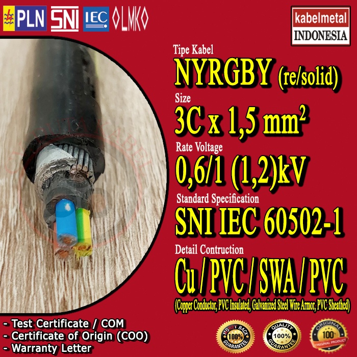 Jual Kabel NYRGBY 3x1,5 mm2 METAL /NYFGBY 3x1,5 mm/3x1.5 mm2/3x1.5 mm/3 ...