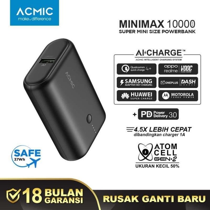 Jual ACMIC MINIMAX SUPERMINI AICHARGE POWER BANK 10000MAH (QC4 + PD + VOOC) BEST QUALITY ...