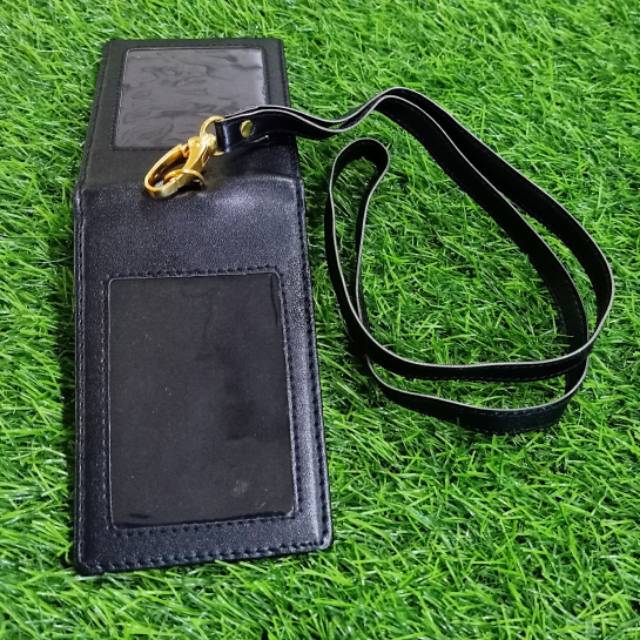 Jual Name Tag Id Card Tempat Kartu Tali Kulit Hitam 2 muka Magnet Bagus ...