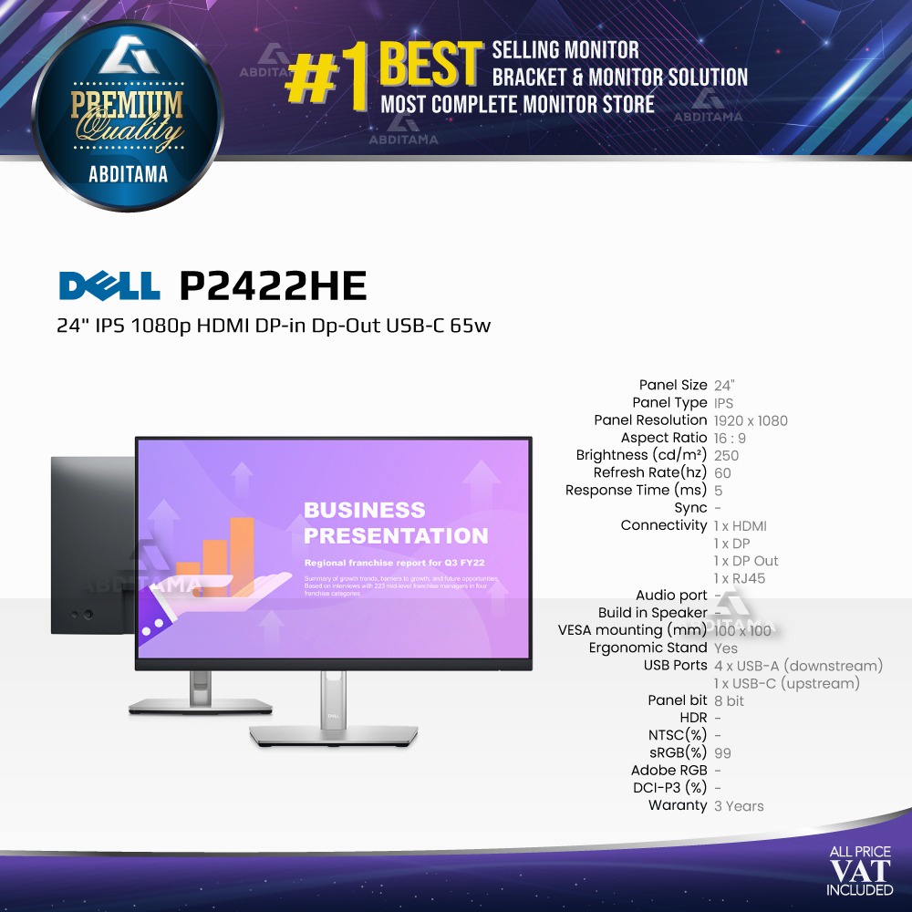 Jual Monitor LED Dell P2422HE 24" IPS 1080p HDMI DP-in Dp-Out USB-C 65w ...