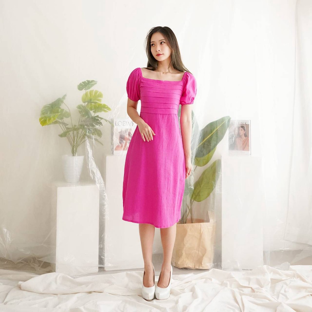 Jual Bolyn Plain Dress LB Gaun Midi Wanita Bahan Linen Simple | Shopee ...