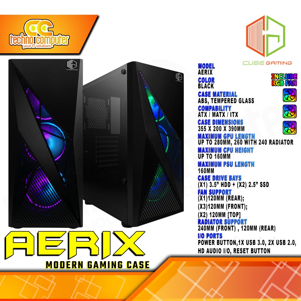 Jual CASING CUBE GAMING AERIX - ATX Case With Tempered Glass (Free 3x RGB Fan) | Shopee Indonesia