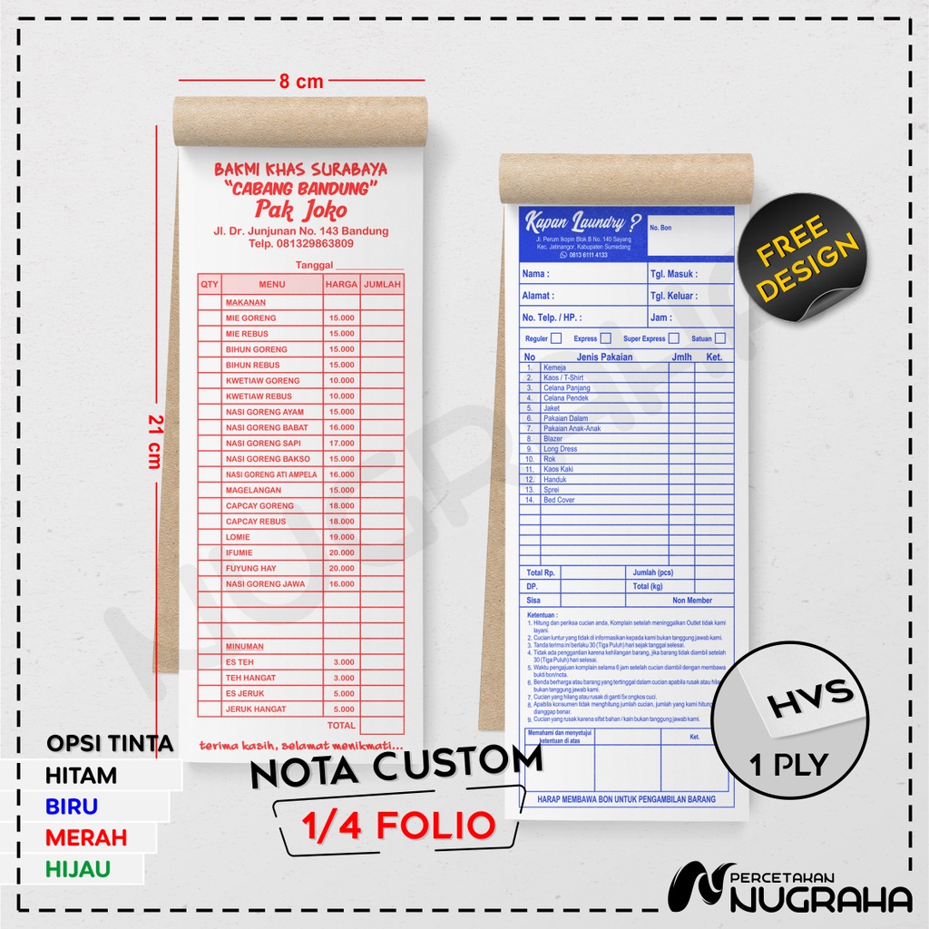 Jual NOTA CUSTOM 1/4 FOLIO 1 RANGKAP / BUKU NOTA KONTAN Isi 50 lembar ...