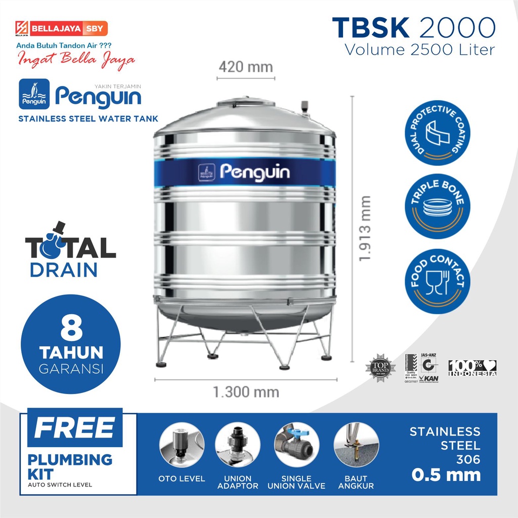 Jual Tandon Air Stainless Penguin TBSK2000 2000 Liter Nota | Shopee ...