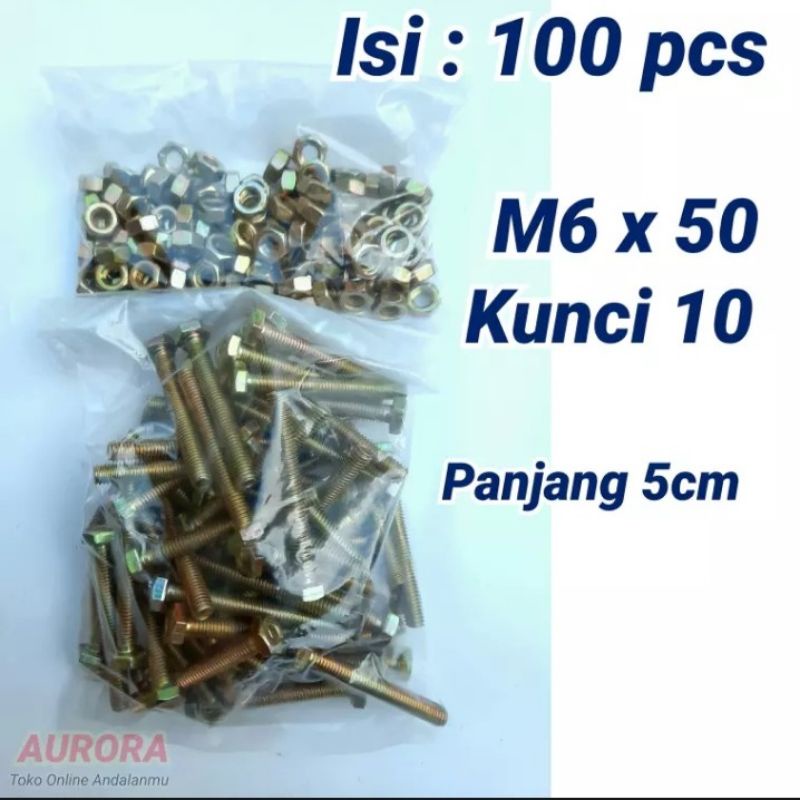 Jual PAKET Isi 100 Pcs Baut Mur Ukuran M6 X 50 ( Kunci 10 Panjang 5cm ...