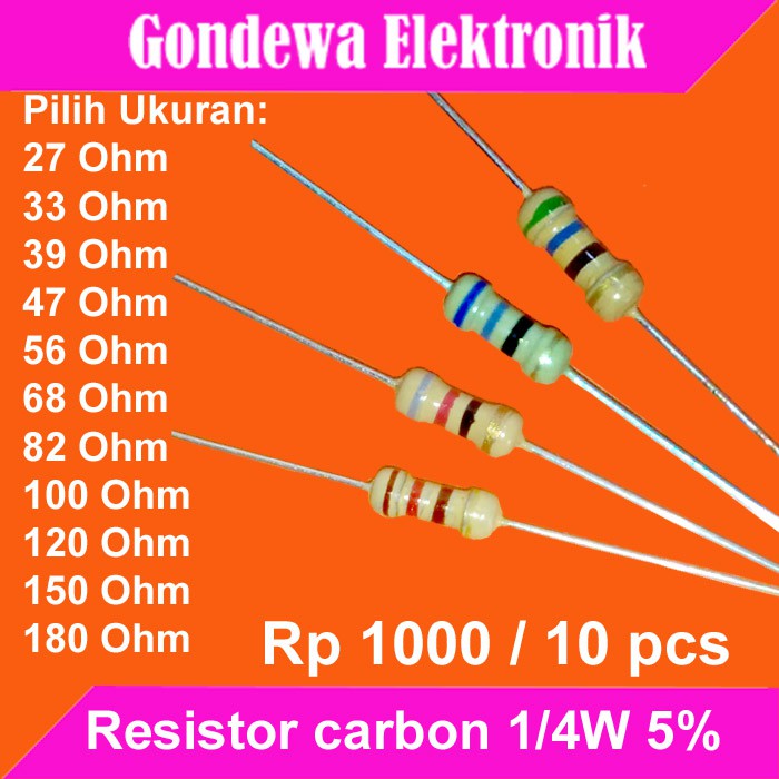 Jual 10 pcs resistor carbon 1/4W 5% 27 ohm - 180 ohm | Shopee Indonesia
