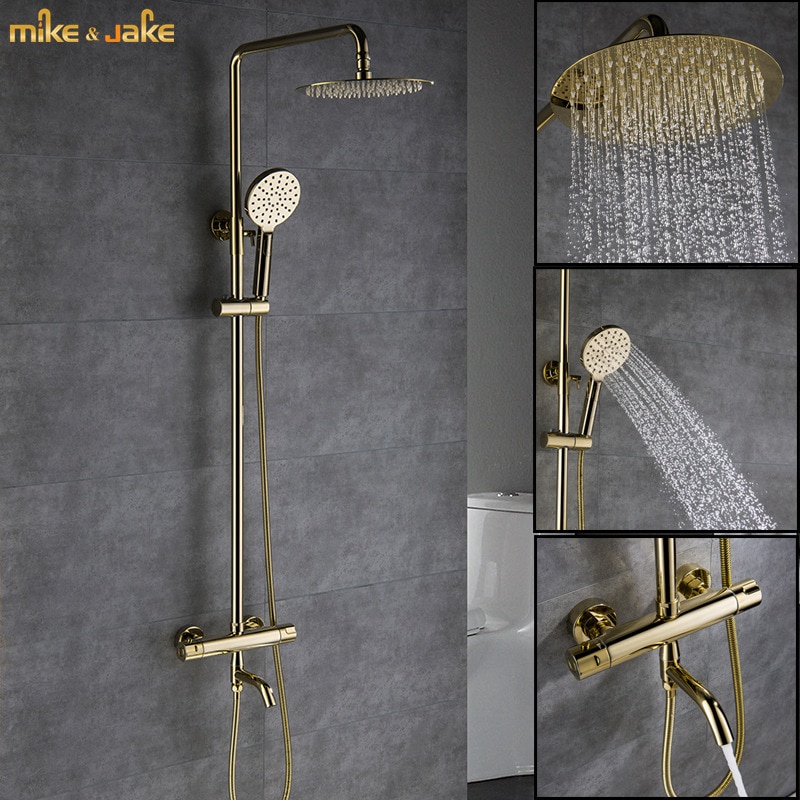 Jual Luxury gold constant shower set shiny gold round rainfall shower ...