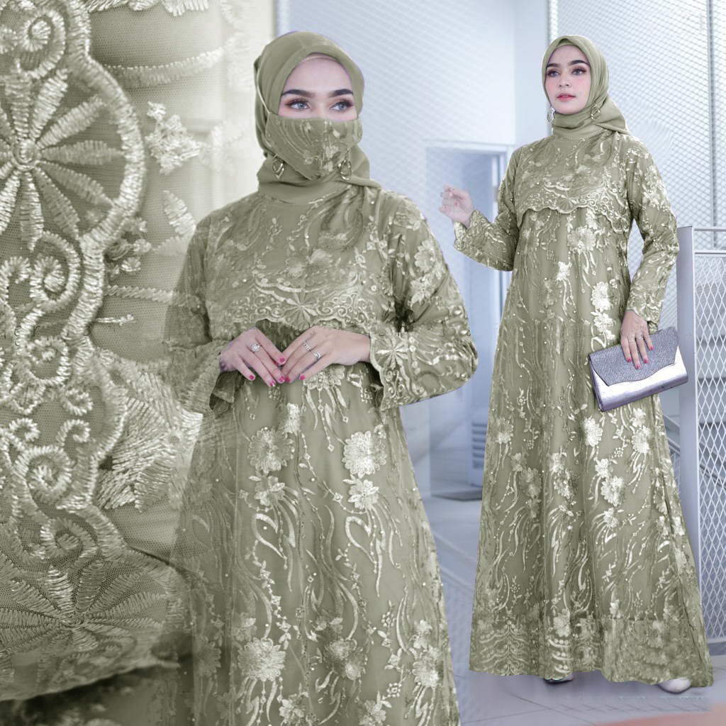 Jual QNNA Gamis Terbaru Pesta Full Brukat Tile Maxi Dress Muslim Wanita Premium Kondangan Size M ...