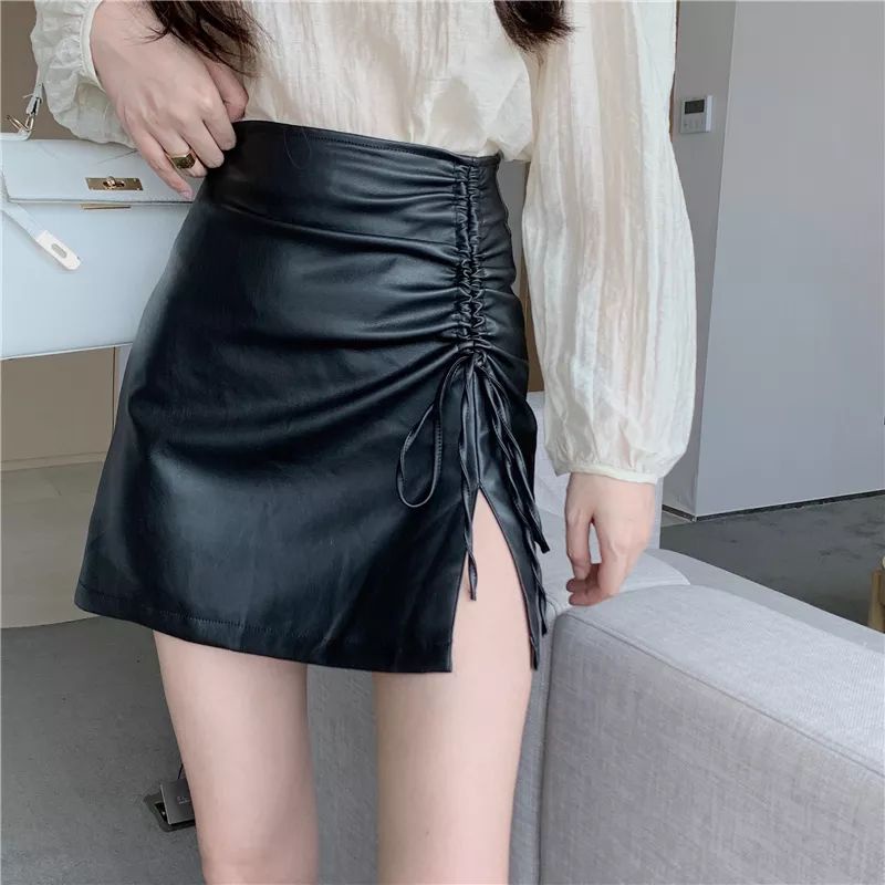 Jual Rok Mini Wanita Kulit Semi Chic Serut Paha Kiri Pinggang Tinggi ...