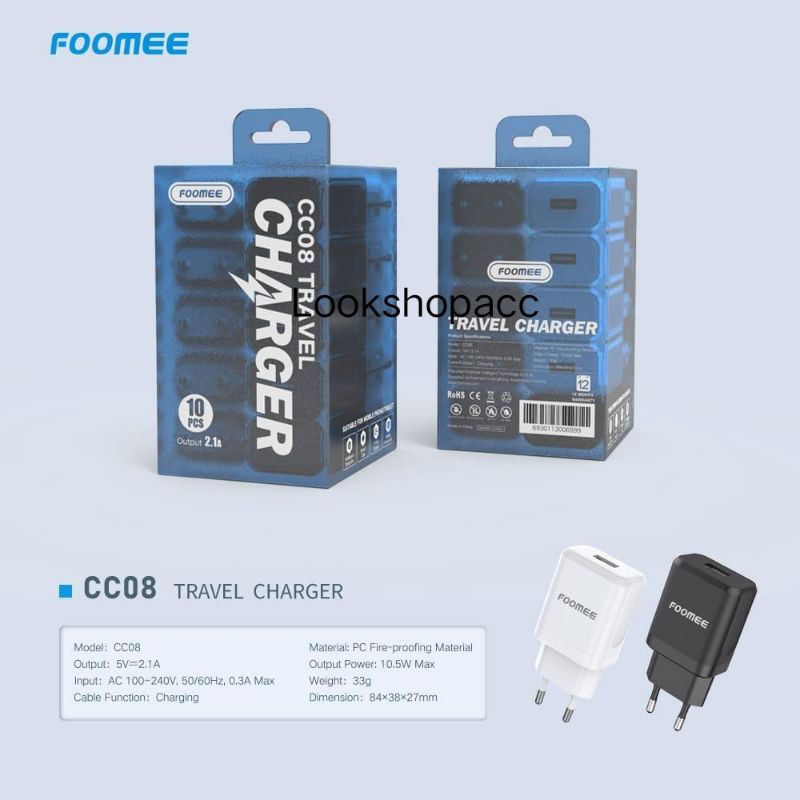 Jual FOOMEE CC08 / CC08s / CA12 TRAVEL CHARGER (1 BOKS ISI 10 PCS) 1 USB PORT 2.4A / 2.4A ...