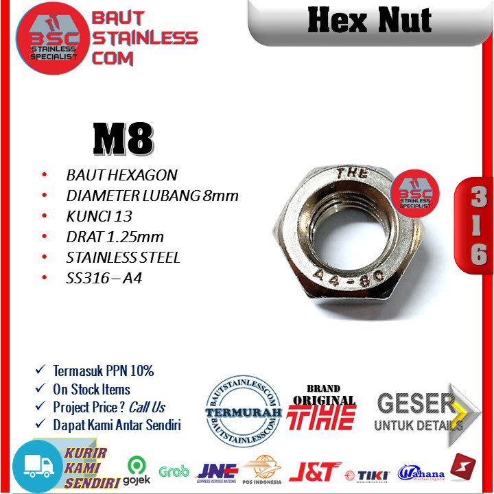 Jual MUR HEX NUT M8 STAINLESS SS316 A4 ISI 10 PCS | Shopee Indonesia