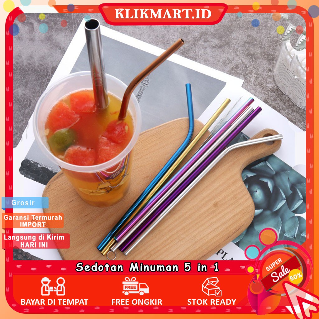 Jual Km-74 Sedotan Minuman 5 in 1 Stainless Steel Besi / Reusable Straw ...
