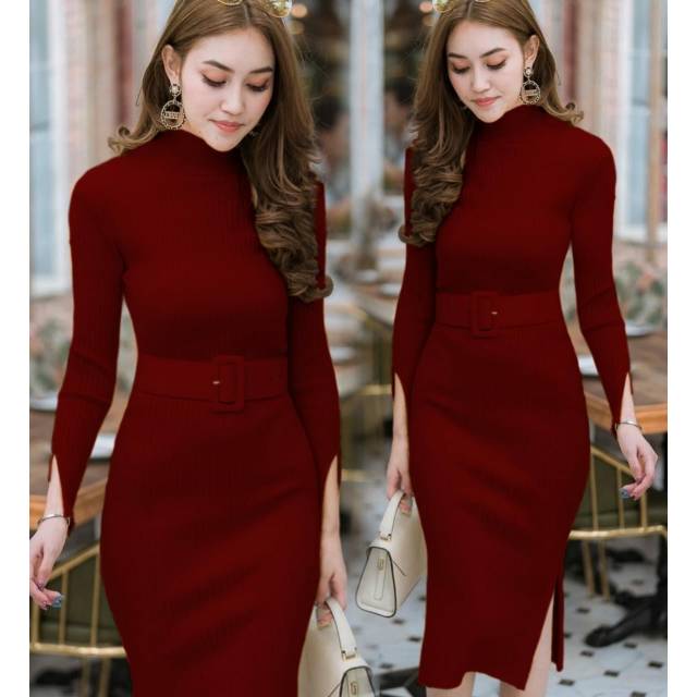 Jual COD Dress wanita rajut LP free belt fbb / pakaian wanita dress ...