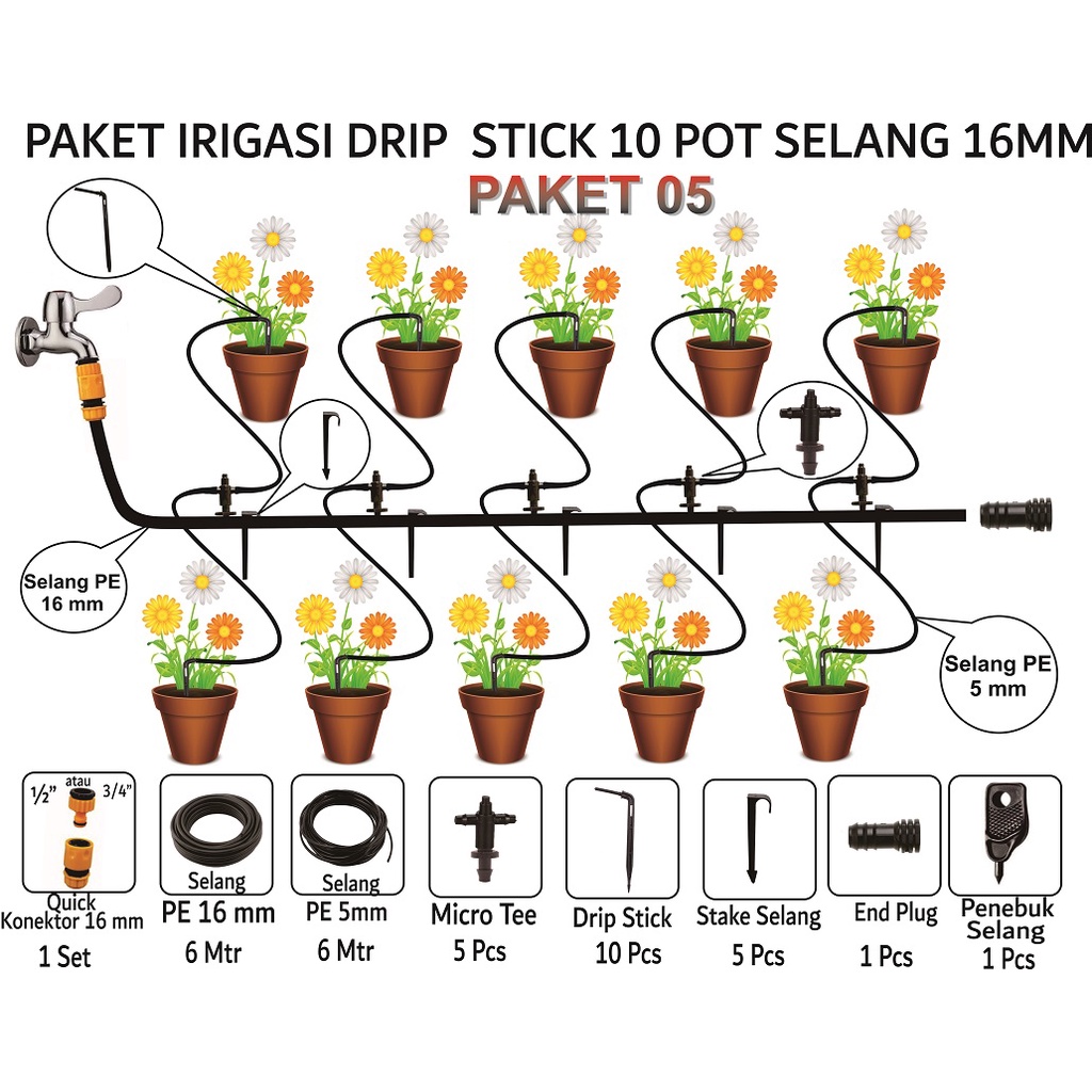 Jual Paket Irigasi Drip Stick 10 Pot selang 16 mm / PAKET 05 | Shopee ...