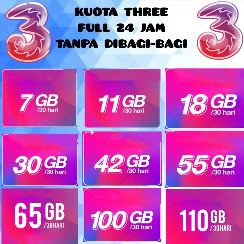 Jual Kuota data three tri 4G LTE 30GB 33GB 32GB 35GB 22GB 25GB 26GB 42GB 52GB 24GB 55GB 66GB 6GB ...