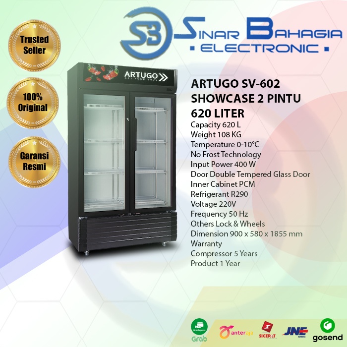 Jual ARTUGO SV-602 SHOWCASE 2 PINTU 602 LITER 400 WATT NO FROST DIMENSI ...