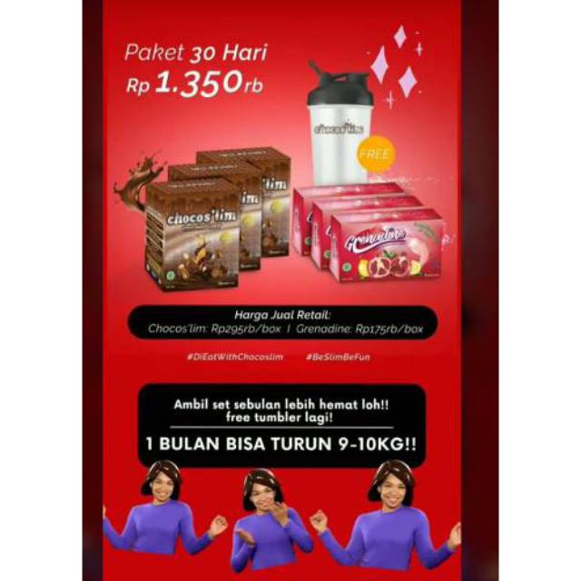 Jual CHOCO'SLIM+GRENADINE PAKET 30 HARI 3 BOX Choco'slim+ 3BOX grenadine + Free 1 tumbler ...