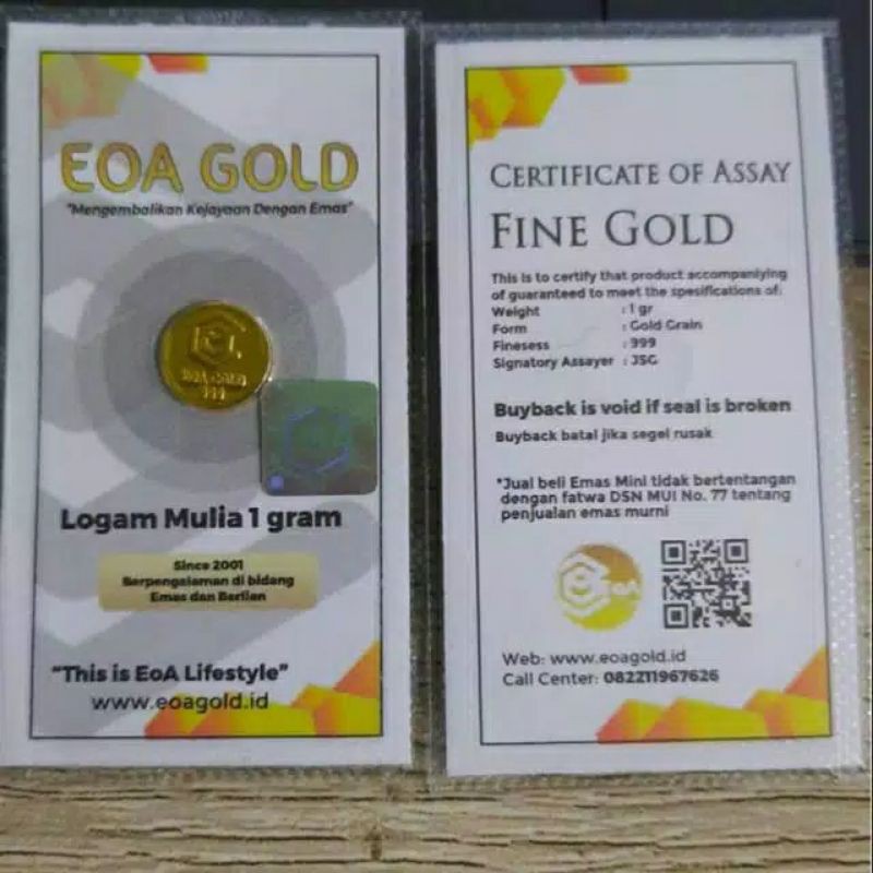 Jual Emas Murni/Logam Mulia/LM 1 Gram/24Karat/999%/Sertifikat EOA Gold ...