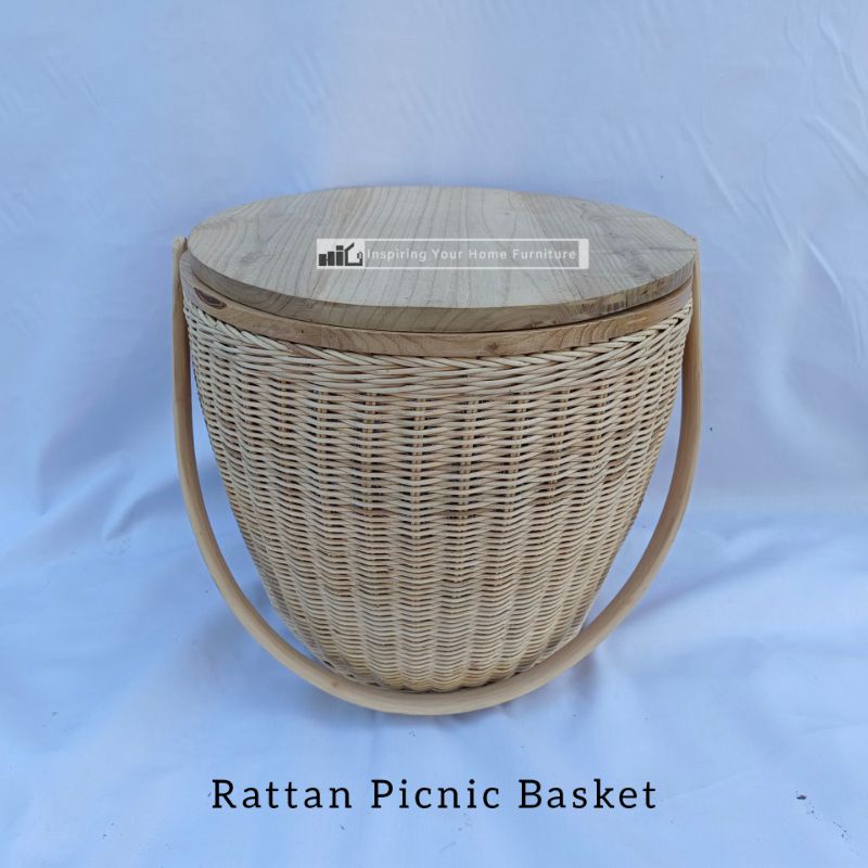 Jual Picnic Rattan Basket Natural With Insulated Teak Wood On Top ...