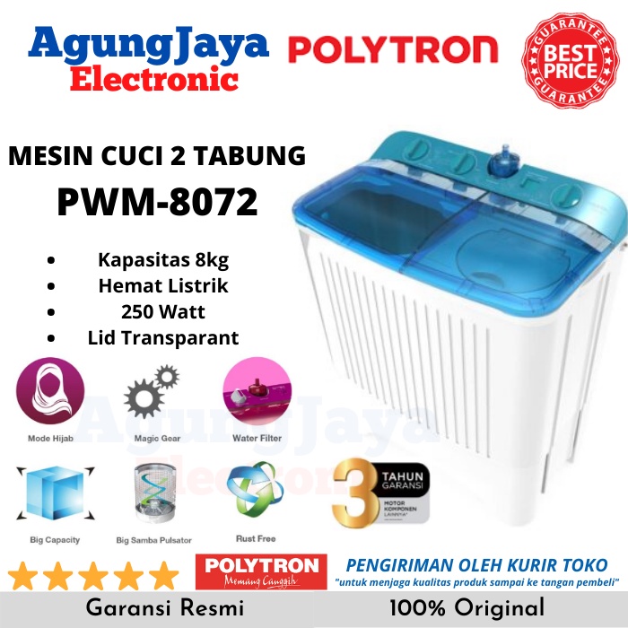 Jual MESIN CUCI POLYTRON PWM-8072 8KG 2 TABUNG LOW WATT 8 KG (CILEGON ...