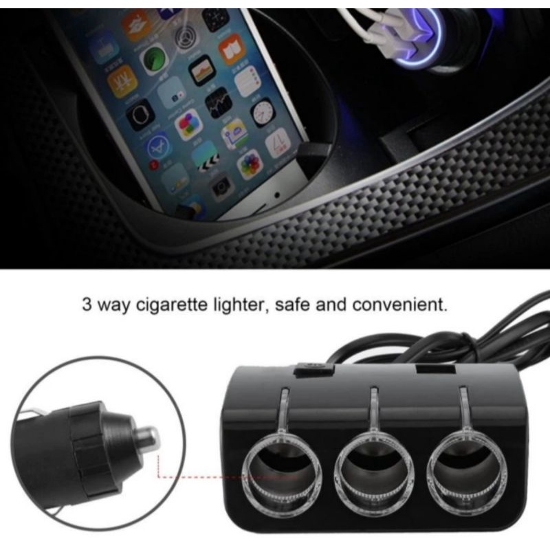 Jual Lighter 3 way Car Splitter 3 in 1 Cabang Charger Mobil 2 USB LED ...