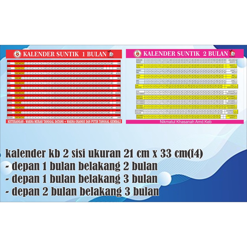 Jual Kalender KB 2 sisi (bisa 1 bulan dengan 2 bulan atau 3 bulan) f4 ...