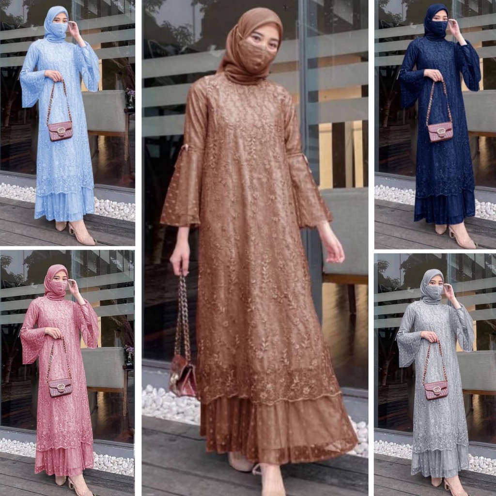 Jual (REALPICT)GAMIS ANGEL FULL BRUKAT TILE MUTIARA REALPICT/GAMIS ANGEL BRUKAT KOMBINASI TILE ...